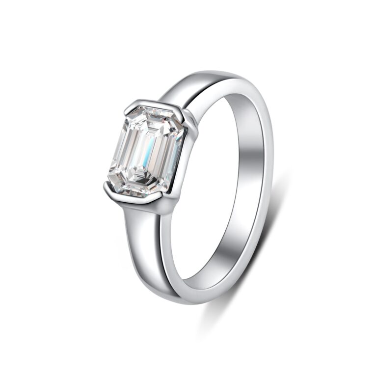 East West Emerald Cut Diamond Bezel Engagement Ring